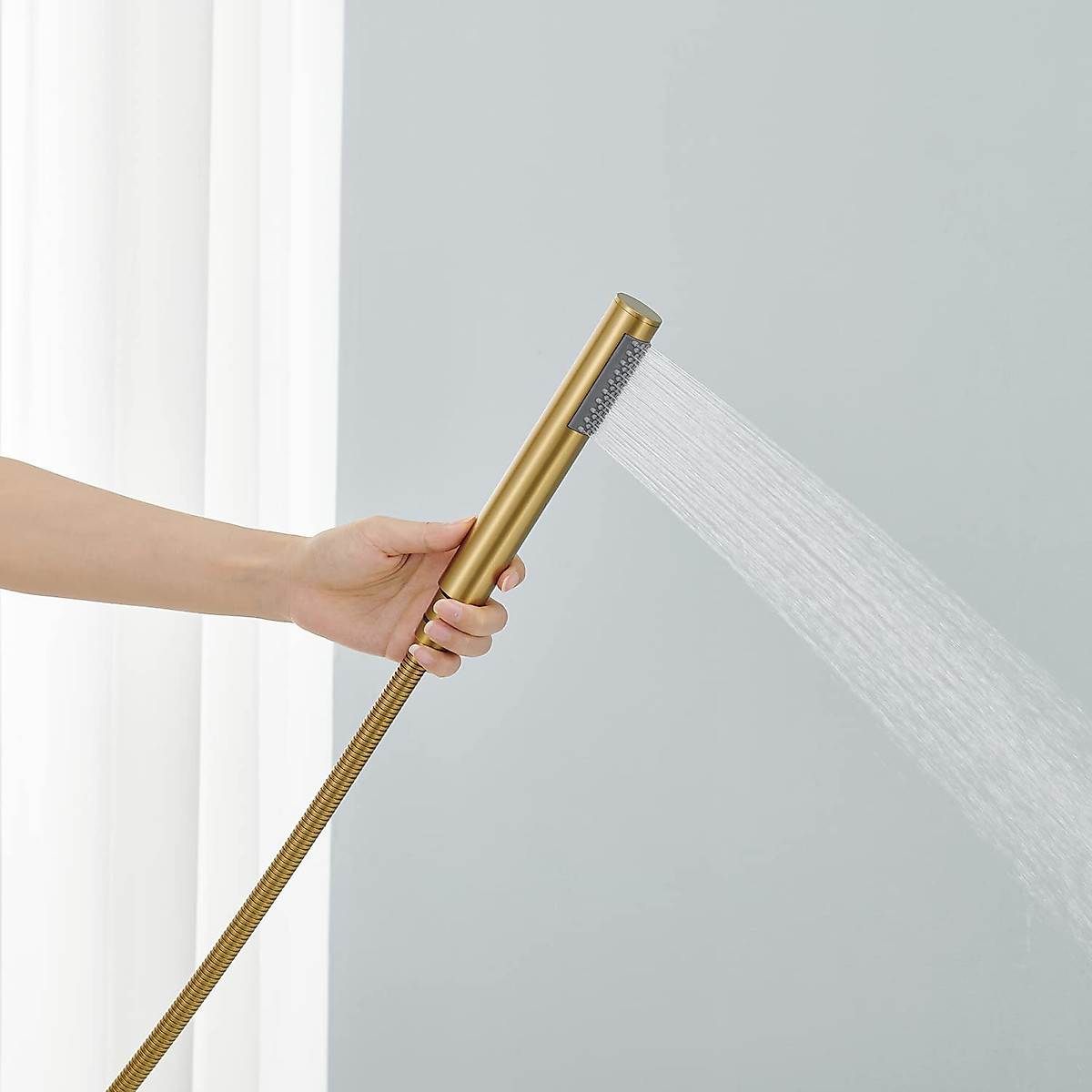 Wowkk Waterfall Freestanding Bathtub Faucet Brushed Gold Floor Mount Tub Filler Brass Single Handle Bathroom Faucets with Hand Shower