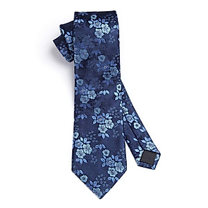 HISDERN Extra Long Floral Paislry Tie Handkerchief Men's Necktie & Pocket Square Set,Blue,2XL, 70 inches length