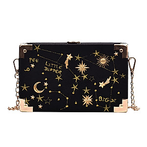 HANDAFA Elegant Velvet Clutch Handbag Star and Moon Evening Bag Chain Box Bag For Wedding Party(Black)