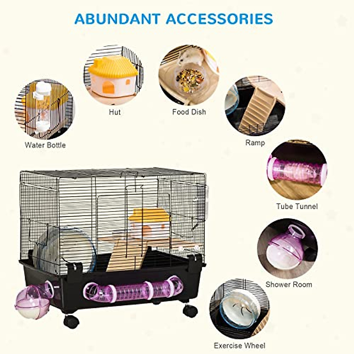 PawHut 2-Tier Hamster Cage, Small Animal Habitat for Rats, Gerbils, Mesh Wire Ventilated Enclosure with Exercise Wheel, Water Bottle, and Food Dishes