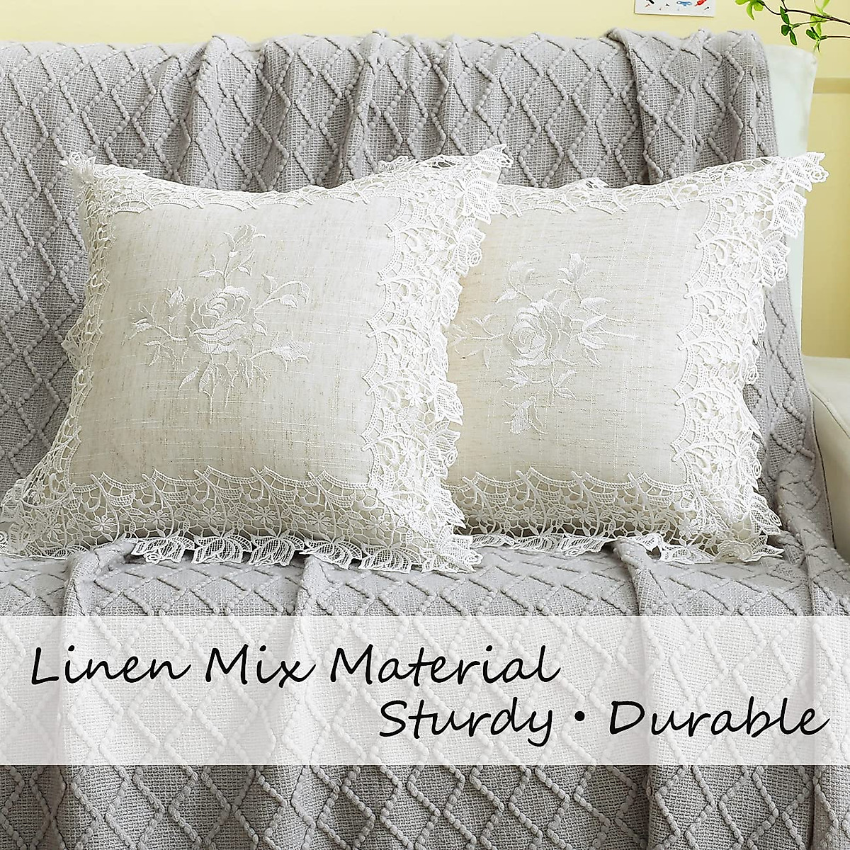 K MASANIJI 2 Pack Embroidered Spring Floral Throw Pillow Cover 18x18 inches, Farmhouse Off White Rose Lace Linen Blended Pillow Shams, Decorative (White Rose, Linen Blended)