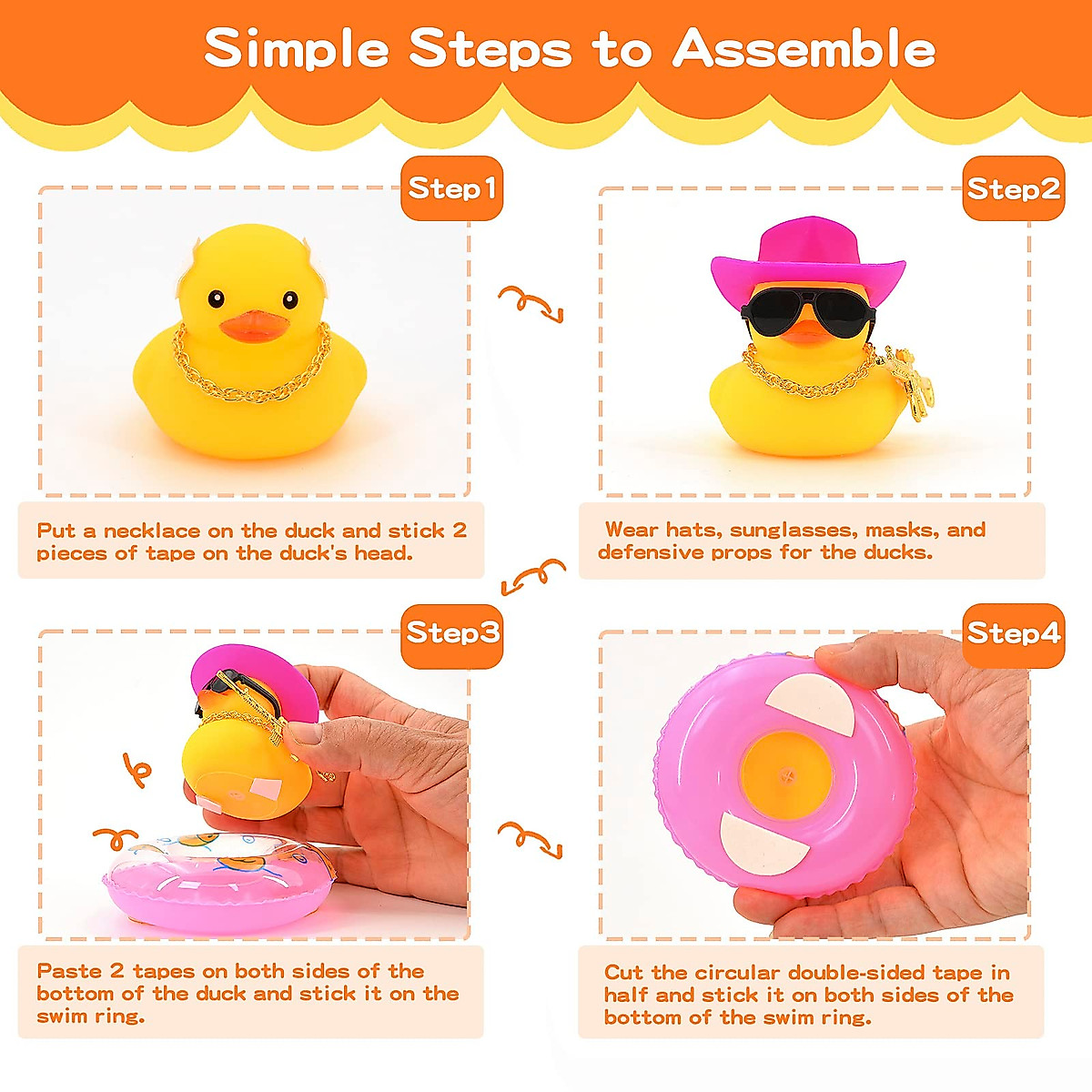 Rubber Duck for Car - Car Duck Decoration Dashboard, Rubber Duck Toy Car Ornament, Car Accessories Duck with Mini Sun Hat Swim Ring Necklace and Sunglasses for Party Favors, Birthdays, Bath Time