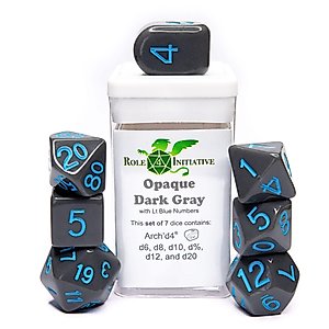 Opaque Dark Gray w/Lt Blue Ink - Set of 7 Dice Set of 7 w/Arch'd4