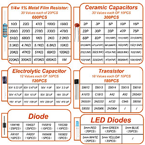 YUEONEWIN 1400Pcs Basic Electronics Component Assortment Kit, Electrolytic Capacitor, Ceramic Capacitor, LED Diode, Common Diode, Resistor, Transistor Component for Arduino, Electronic DIY Project