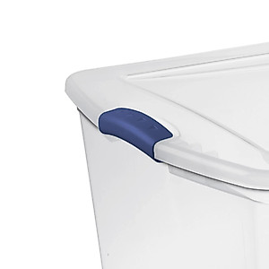PuPLUM 105 Qt. Latch Box Plastic Storage Bin Tote Organizing Container With Durable Lid, Stackable and Nestable Snap Lid Plastic Storage Bin, 1 Pack, Clear With Blue Buckle