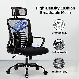 EnjoySeating Office Chair, Adjustable Desk Chair, Rebound Seat Cushion, 2D Big Curved Headrest, Breathable Mesh High Back, Comfortable Lumbar Support, Rocking Relaxation Function, Black