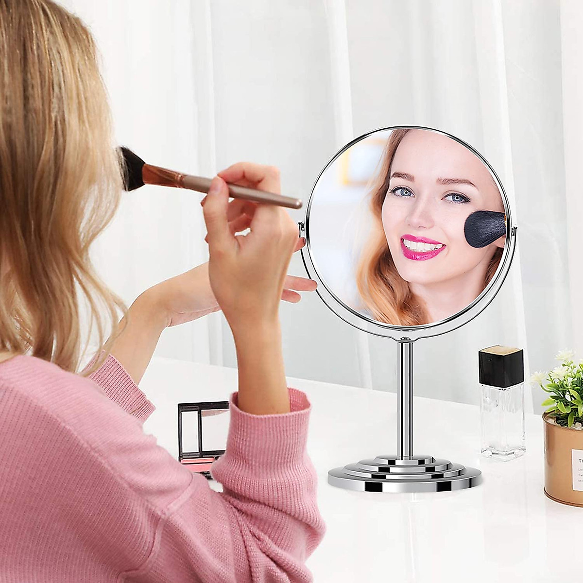 NAYSAYE Round Tabletop Vanity Mirror - Double Sided Makeup Table Mirror Stand with 1X/4X Magnifying (7-inch)