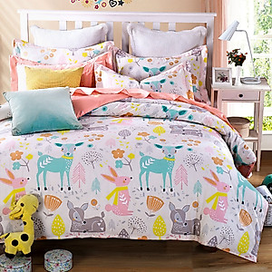 Cliab Woodland Creatures Bedding Twin for Kids Girls Baby Pink Cute Animals Print Rabbit Dear Reversible Bed Set 100% Cotton Duvet Cover Set Zipper Closure Corner Ties 2 Pieces