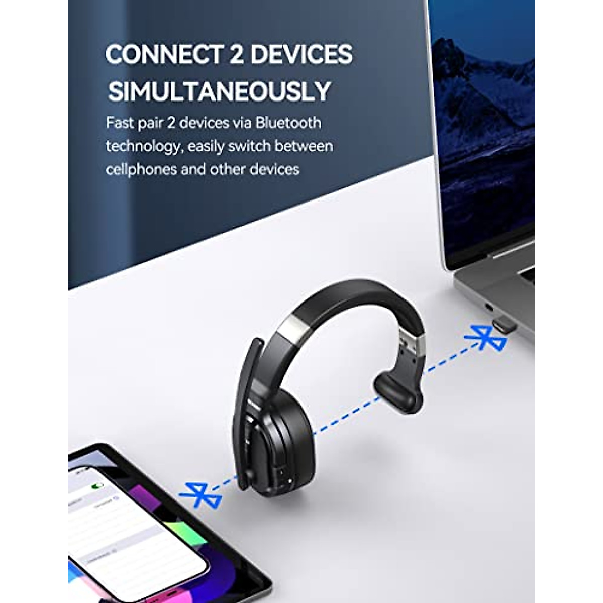 TECKNET Trucker Bluetooth Headset, Over-Ear 70h AI Noise Canceling Wireless Headphones with Microphone, Comfort ENC Bluetooth Headset with Dongle & Mute for PC Phone Laptop Office Home Skype Zoom