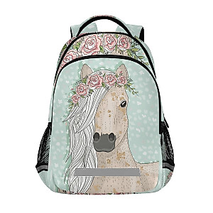 Horse Flowers Backpack for Boys Girls, Teal Fairytale Pony Bookbag Elementary Schoolbag Travel Bag Casual Daypack Rucksack for Students