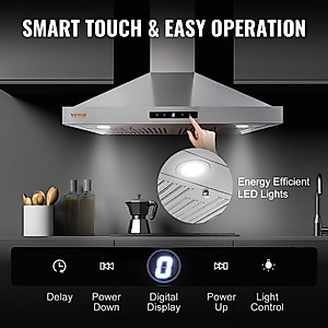 VBENLEM Wall Mount Range Hood, Ductless Chimney-Style Kitchen Stove Vent, Stainless Steel Permanent Filter with 3-Speed Exhaust Fan, 2 Baffle Filters, LED Lights, Touch Control Panel (30 inch)