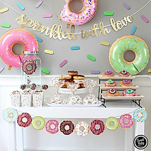 Sweet Baby Co. Donut Sprinkle Baby Shower Decorations Boy or Girl Party Supplies with Sprinkled With Love Gold Banner, Donuts and Candy Stripe Balloons, Backdrop, Garland, Lantern, Honeycomb Balls