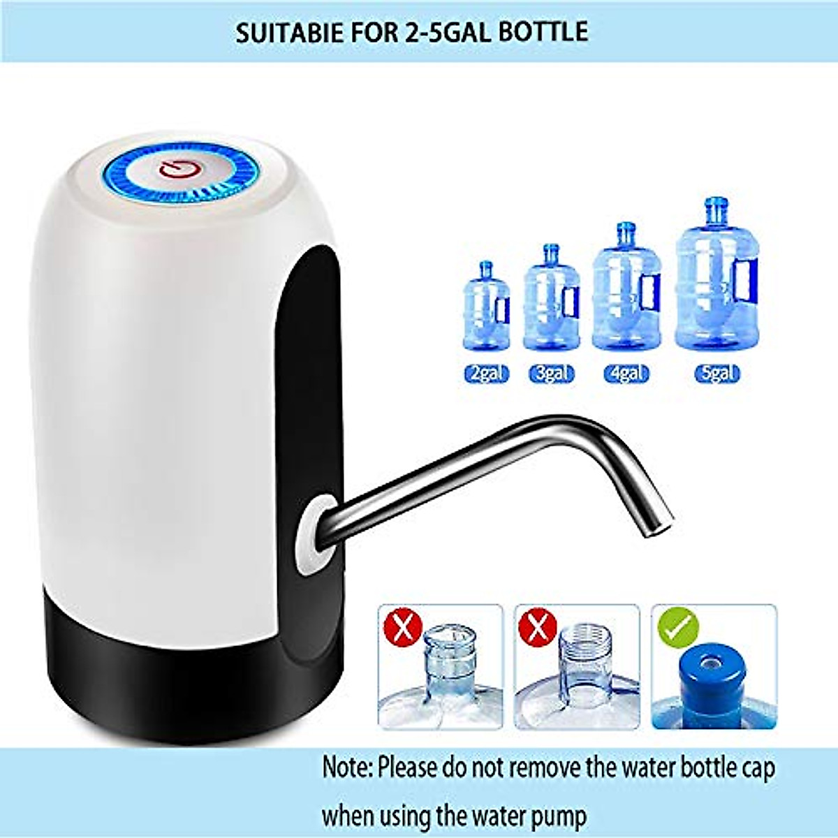 HUAPPNIO 5 Gallon Water Dispenser, Water Bottle Pump Electric Portable USB Charging for 5 Gallon Water Bottle Built-in 1200MHA Battery White