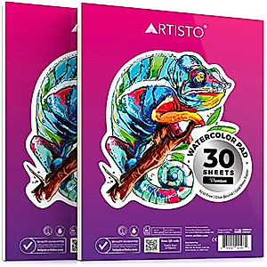 Artisto Watercolor Pads 9x12”, Pack of 2 (60 Sheets), Glue Bound, Acid-Free Paper, 140lb (300gsm), Perfect for Most Wet & Dry Media, Ideal for Beginners, Artists & Professionals