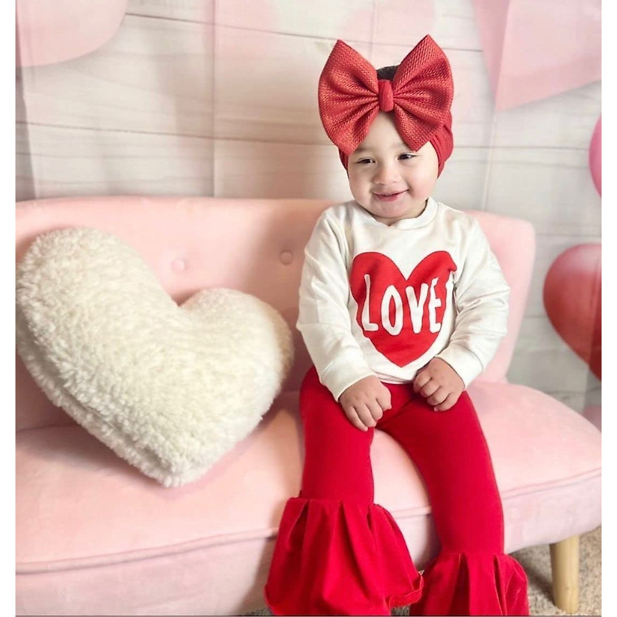 oneflow Toddler Baby Girls Valentines Day Outfits Love Heart Print Shirt Pullover Top Flared Pants Fall Spring Clothes Set (18-24 Months,A-Red Flared Outfit)