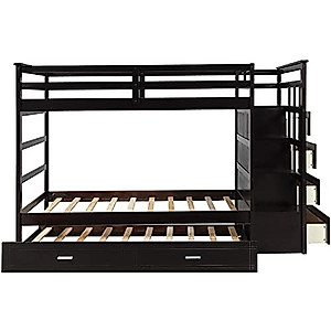 ATH-S Solid Wood Bunk Bed Frame No Box Spring Needed with Guardrails, Ladder and Storage Stairs for and Teens Platform, Twin Over Full, Gray (Color : Espresso with Hiden Drawers)