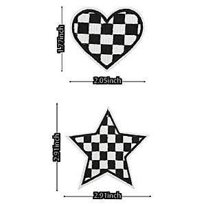 16Pcs Black&White Checkered Heart&Star Western Iron on Embroidered Set, Contains 8 Heart Patches and 8 Star Patches, Black&White Embroidered Sew on Patch Applique Embellishments for Jeans, Hat