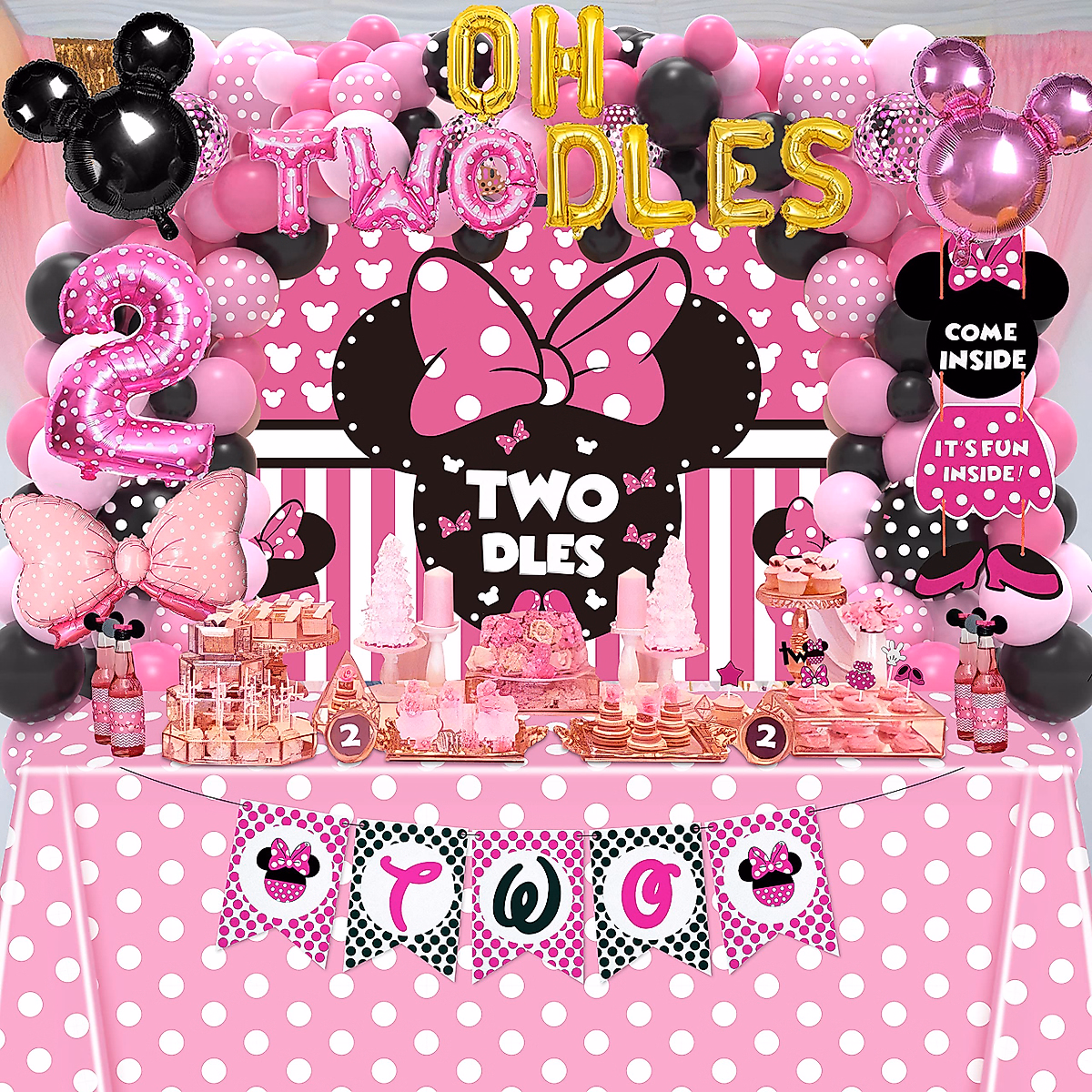 Minnie Mouse Birthday Party Supplies Twodles 2nd Two Pink Mouse Party Decorations For Girl Baby Shower Pack (112 Pcs Including Backdrop, Tablecloth, Headband, Balloons Garland Arch Kit) (Twodles)