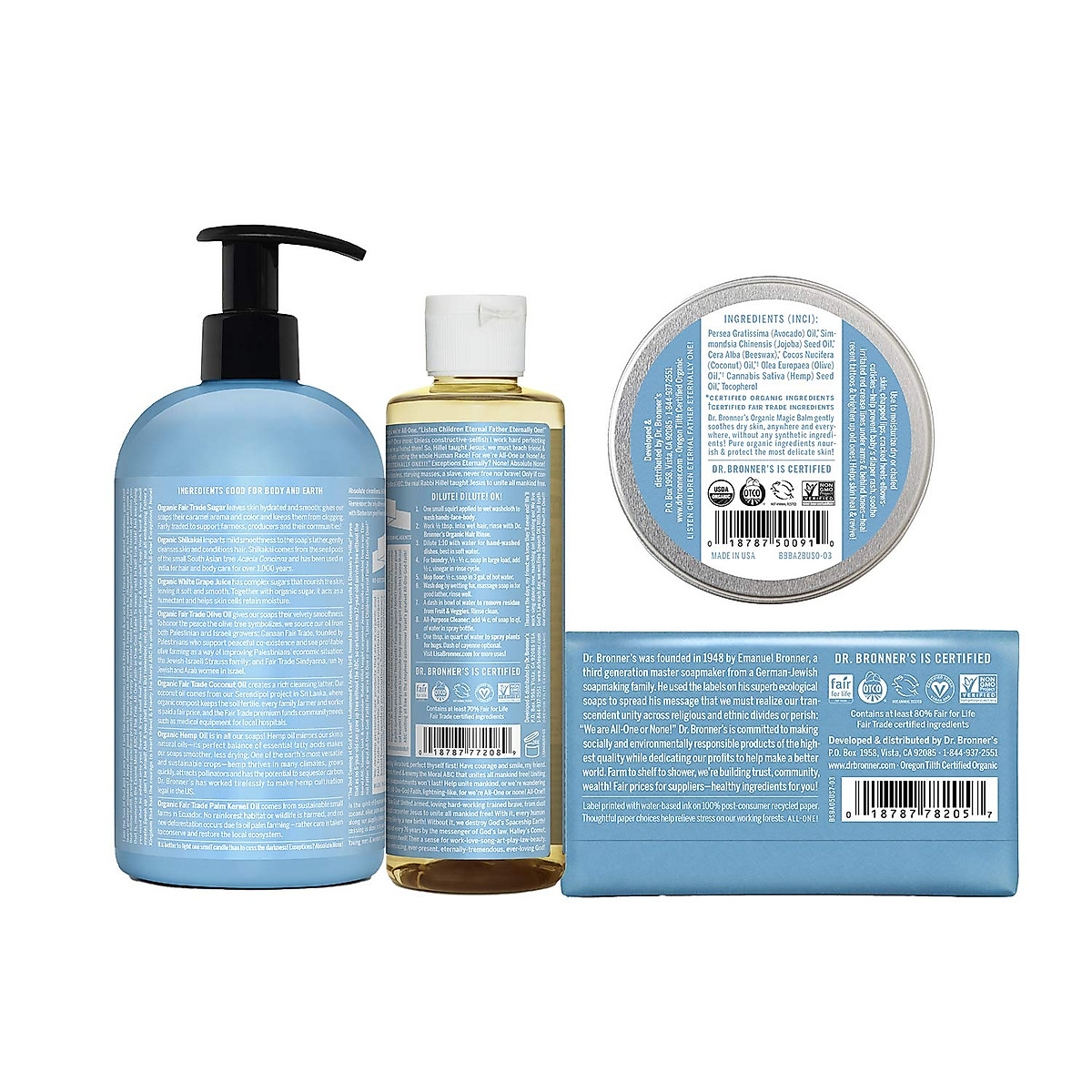 Dr. Bronner's Baby Unscented Gift Set - Pure-Castile Liquid and Bar Soaps, Organic Magic Balm, and 4-in-1 Organic Sugar Pump Soap
