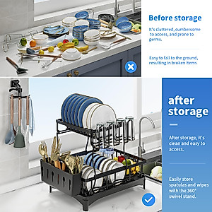 KEKAPE Dish Drying Rack, Space-Saving & Durable, Rust-Proof 2 Tier Stainless Steel Dish Rack for Kitchen Counter with Detachable Drainboard, Utensil Holder, and Cup Holder Set,Large Size, Black