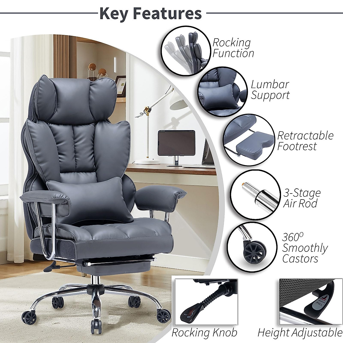 Efomao Executive Office Chair for Heavy People, Big and Tall Office Chair, High Back Office Chair with Foot Rest, Height Adjustable Home Office Chair, Mineral Grey Office Chair