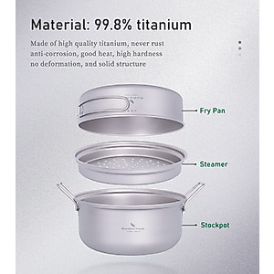 iBasingo 1.8L Titanium Steamer Stockpot Frying Pan Set Ultralight Outdoor Camping Pot Pan Set Portable Campfire Soup Hot Pot Cookware Backpacking Household Kitchen Cooking Kit Ti2101C