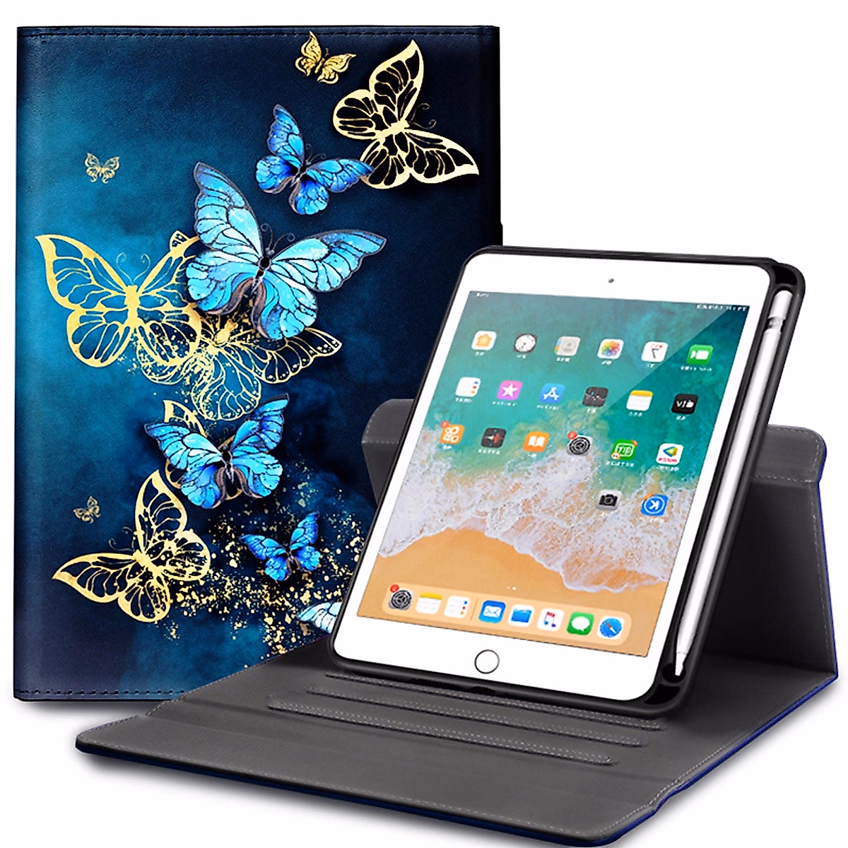 KUAELEN iPad Rotating Case for 2021 iPad 10.2 inch, Smart iPad 9th/8th/7th Generation Case with Pencil Holder, 360 Degree Roating Cover for iPad Air 3rd Generation 2019/iPad Pro 10.5(Blue Butterfly)