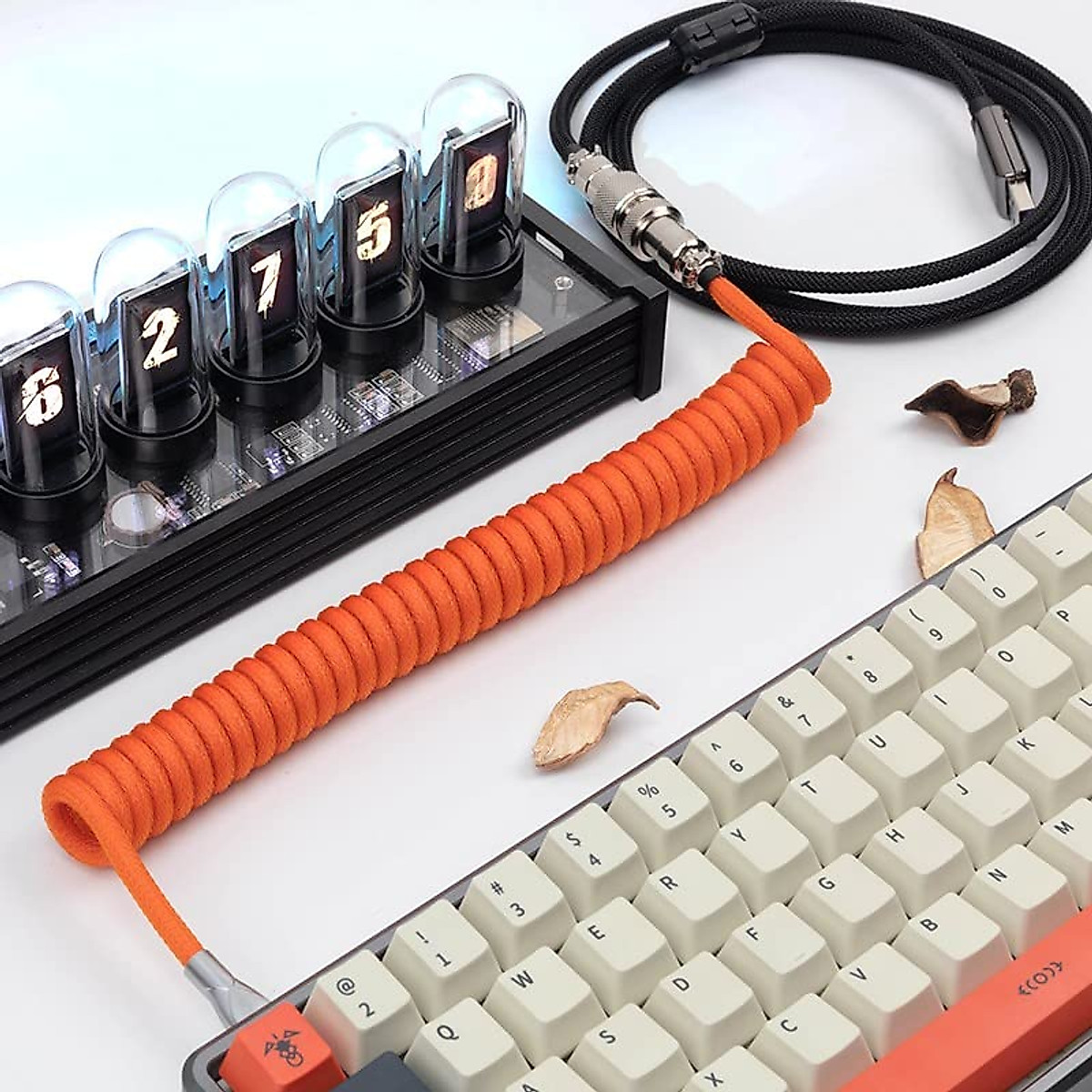 MICOMAKA Custom Double-Sleeved Mechanical Keyboard Cable, Handmade Coiled USB C Cable Artisan Braided Cables for Mechanical Gaming Keyboard Coiled Cable - Custom Keyboard Cable (Carbon)