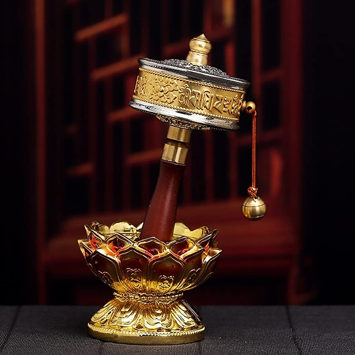 Prayer Wheel with Lotus Base, Tibetan Buddhist Copper Hand Held Prayer Wheel with Kālacakra Mantra Scroll, Premium Buddha Religion Scriptures Prayer Wheel for Relaxing, Praying, Meditation, Healing