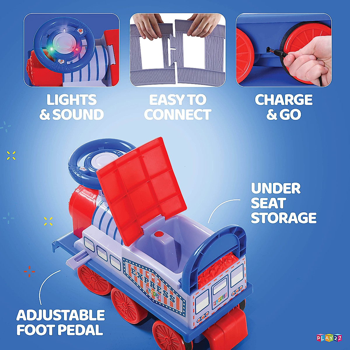 Play22 Electric Ride On Toy Train with Tracks - Ride On Train for Toddlers 1-3 Features Fun Flashing Lights and Music, Storage Seat, 16 Tracks - Playable Without Tracks - Riding Toys for Kids