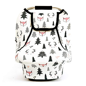 Stretchy Baby Car Seat Covers for Boys Girls, Infant Car Canopy for Spring Autumn Winter, Snug Warm Breathable, Zipped Window,Universal Fit,Forest Fox