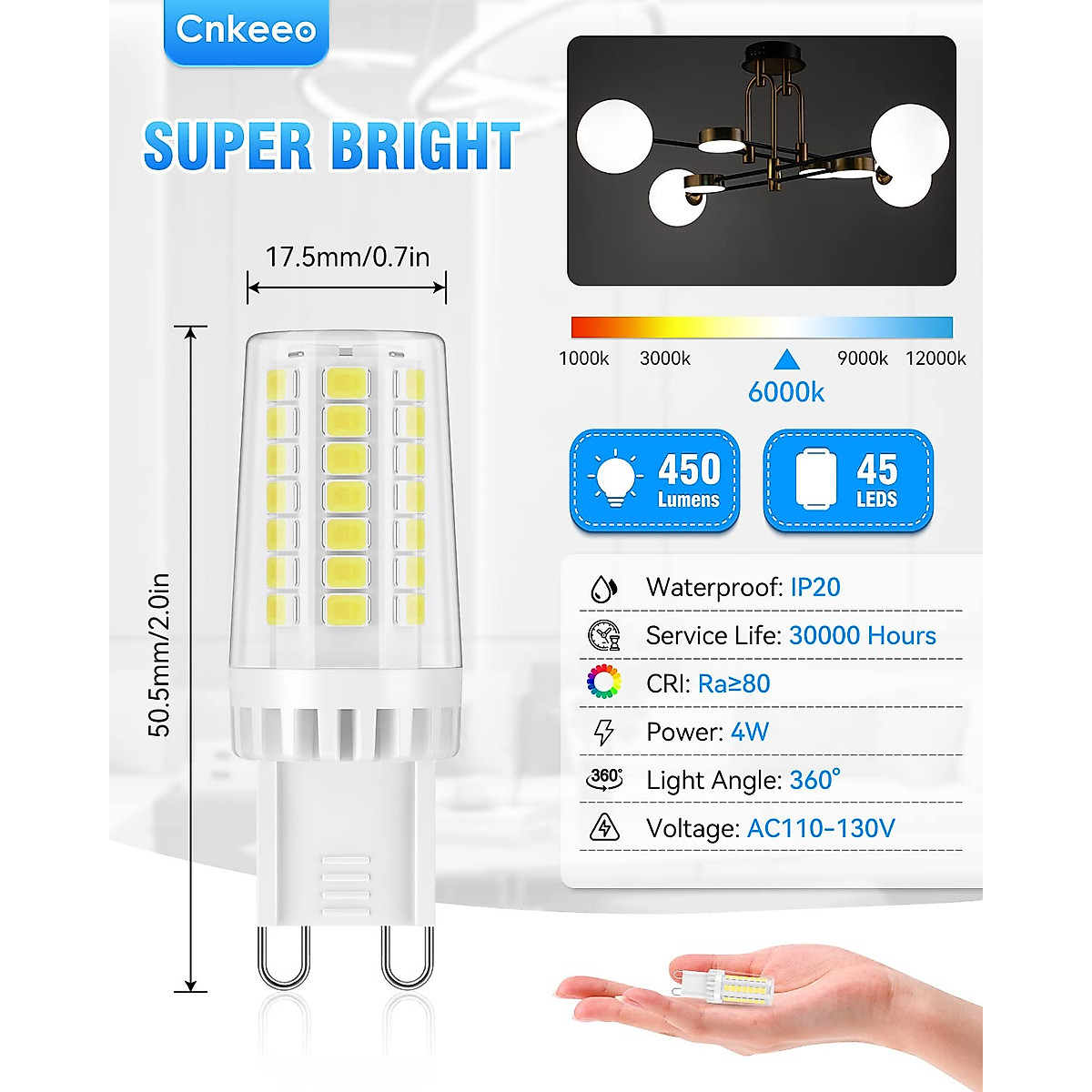 Cnkeeo G9 LED Bulb, 4W Daylight White 6000K, 450LM, 40W Halogen Equivalent, No Flicker, Non-Dimmable, 360°Beam Angle, Bi-pin Ceramic Base G9 Light Bulbs for Chandeliers Home Lighting, Pack of 6