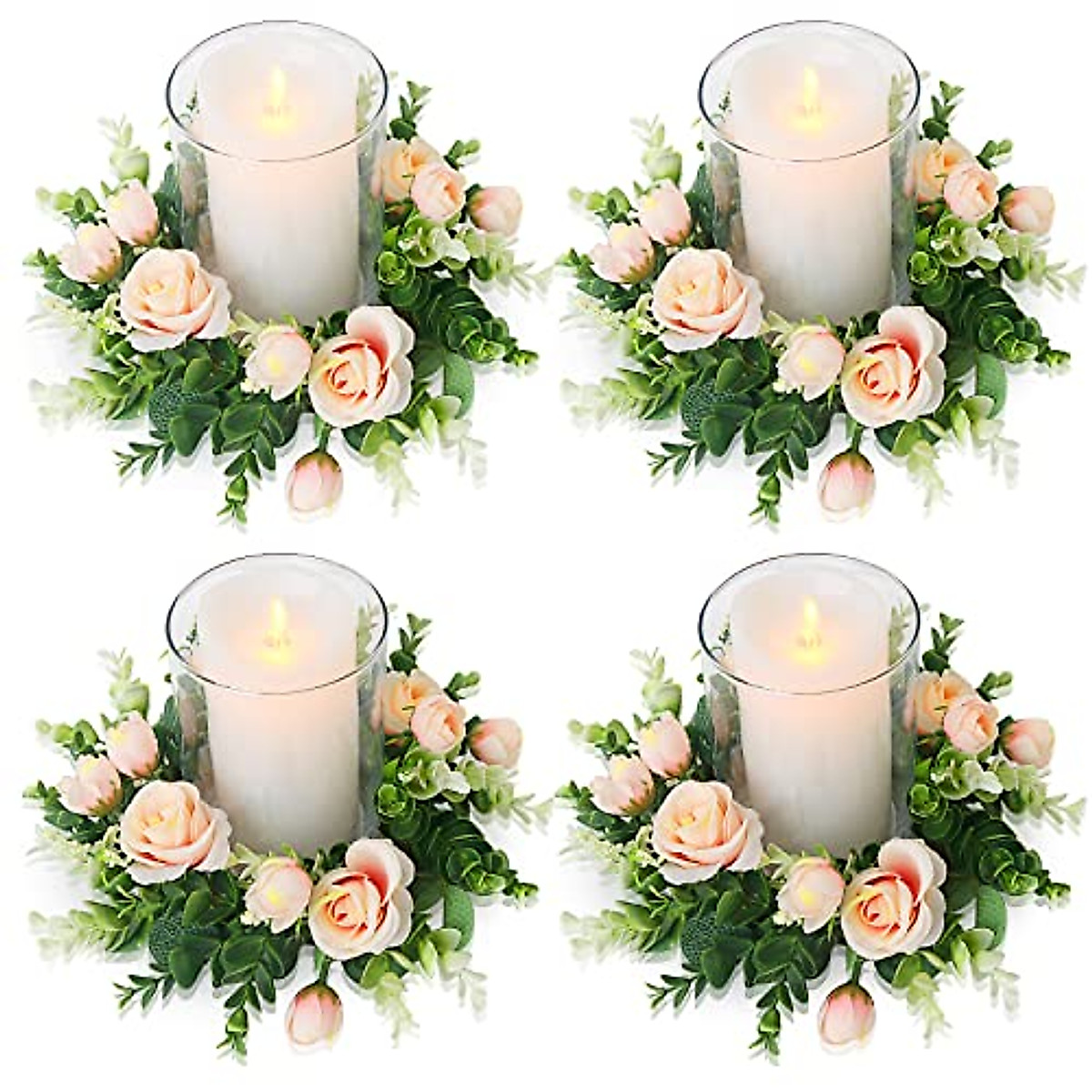 Acmee 4 Pcs Artificial Rose Candle Rings - Floral Wreaths with Eucalyptus Leaves Greenery Garland for Pillar Candle Lantern Wedding Centerpiece Party Home Table Decor(Champagne)