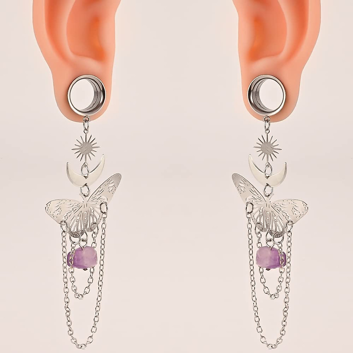 DOEARKO 2PCS New Butterfly-Pendant Hypoallergenic Stainless Steel Dangle Ear Plugs Tunnels Ear Gauges Stretcher Pair Selling 2g 0g Piercing Body Jewelry (10mm(00G), Silver)