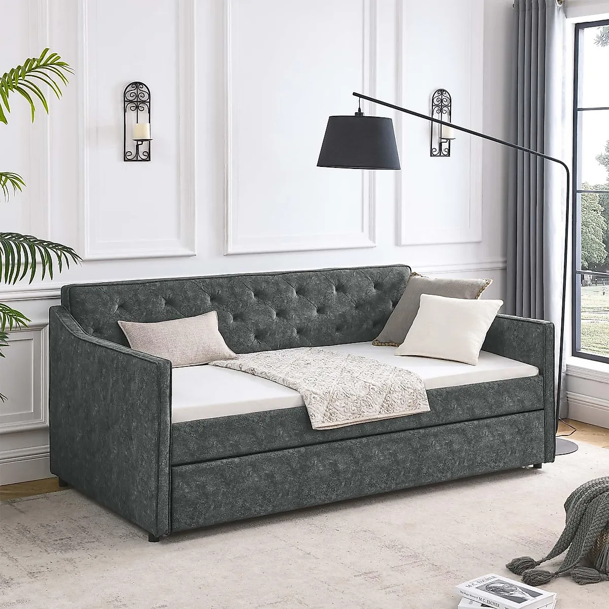 Antetek Daybed with Trundle, Fabric Upholstered Twin Size Day Bed Pull-Point Sofa Daybed Frame w/Twin Roll-Out Trundle, No Box Spring Needed, Furniture for Bedroom, Living Room, Guest Room, Grey
