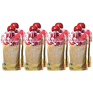 Happy Baby Organics Stage 2 Baby Food Pouches, Gluten Free, Vegan & Healthy Snack, Clearly Crafted Fruit & Veggie Puree, Apples Blueberries & Oats, 4 Ounces (Pack of 8)