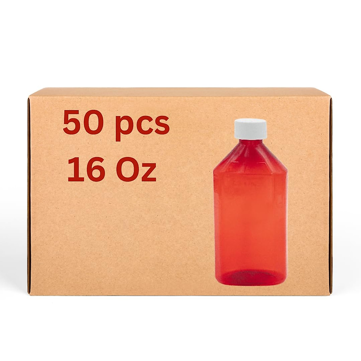 Plastic Liquid Medicine Bottle 16 oz (Case of 50 Bottles), Child Resistant Cap, Amber PET Airtight Pharmacy Bottle 16 oz, Push Down and Turn Cap, Waterproof, Reusable and Recyclable, Oval Bottles