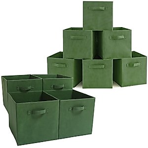 EZOWare Set of 10 Fabric Basket Bins Bundle Kit, Kale Green Collapsible Organizer Storage Cube with Handles for Home, Bedroom, Baby Nursery, Kids Playroom Toys - 13"x15"x13" + 10.5"x 10.5"x 11"
