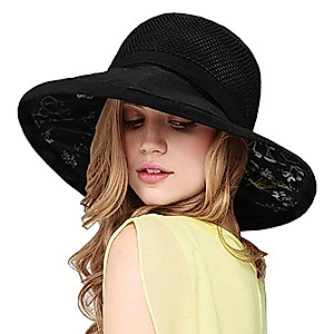 Mesh-Breathable Sun-Hat for Women,Floral Wide-Brim Beach Bucket Hat with Detachable Chin Strap Girls Teens Fishing Hat (as1, Alpha, l, Black with Flower Printed, Large)
