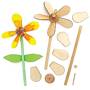 Baker Ross FE575 Flower Wooden Windmill Kits - Pack of 5, for Kids Arts and Crafts Projects, Wooden Crafts for Children to Decorate, Personalize and Display