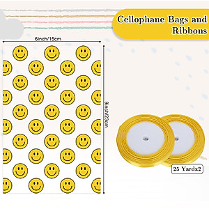 Whaline 100Pcs Smile Pattern Cellophane Treat Bags with Yellow Ribbons Cute Smile Face Cello Goodie Bags Clear Flat Candy Cookie Bags for Birthday Baby Shower Wedding Party Favor Supplies