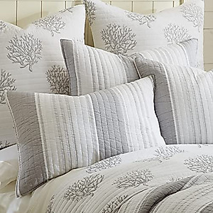 Levtex Home - Nantucket King Quit Set - Striped Coastal - Grey & White - Quilt Set Size 106x92in. and Two Shams 20x36in. - Reversible - Cotton Fabric