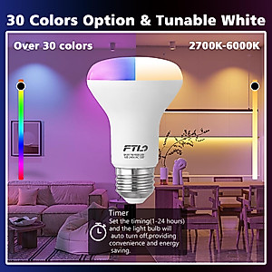 FTL BR20 LED Light Bulbs Color Changing, R20 Dimmable Flood Light Bulbs for Recessed Lighting, 30 Colors,2700K-6000K, Timer, 6-Pack