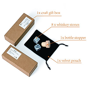 Whisky Stones, Set of 8 Scotch Rocks with Bottle Stopper, The Starter Pack for Whisky/Scotch/Bourbon Drinker, Gift Idea for Christmas/Birthday/Father's Day - Aiizun