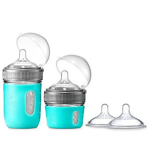 Mason Bottle - The Essential Gift Set: Glass Baby Bottles 4 and 8 Ounce, Silicone Sleeve, Slow-Flow Nipple (2 Pack), Non-Toxic, BPA and BPS Free, 100% Made in The USA (5 Items, Agave)