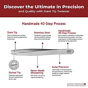 Regine Switzerland Professional Tweezers Slant Tip - Etched Tip Brow and Eyebrow Tool for Men and Women - Precision Tweezers for Fine Hair, Chin, Lash Extensions - Stainless Steel Handmade Beauty Tool