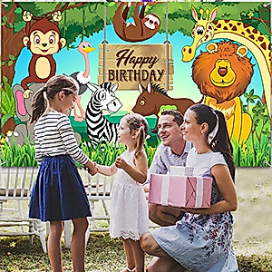 Jungle Animal Theme Backdrop for Birthday Party, Large Fabric Safari Animal Elements Printed Happy Birthday Backdrop Funny Cartoon Forest Background for Birthday Party Decorations, 6 x 3.6 ft