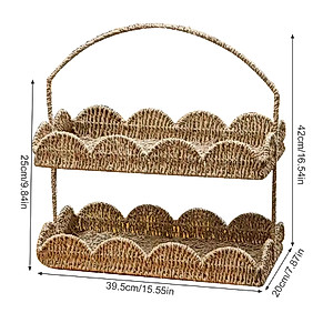 Peosaard Seagrass Baskets 2 Layers Scalloped Basket Tray with Handle Rustic Decorative Woven Basket with Scalloped Edge Coffee Table Basket Organizer 15.6x7.9x9.8 Inch, Seagrass Storage Baskets