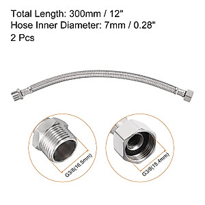 uxcell 12 Inch Long Faucet Supply Line Connector, 2pcs G3/8 Female Compression Thread x G3/8 Male Connector Straight Thread 304 Stainless Steel Water Supply Hose Line