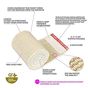 Premium Elastic Bandage Wraps (4"x2, 3"2) - Made of Grown Organic Cotton - Hook & Loop Fasteners at Both Ends - GT Latex Free Hypoallergenic Compression Roll for Sprains & Injuries